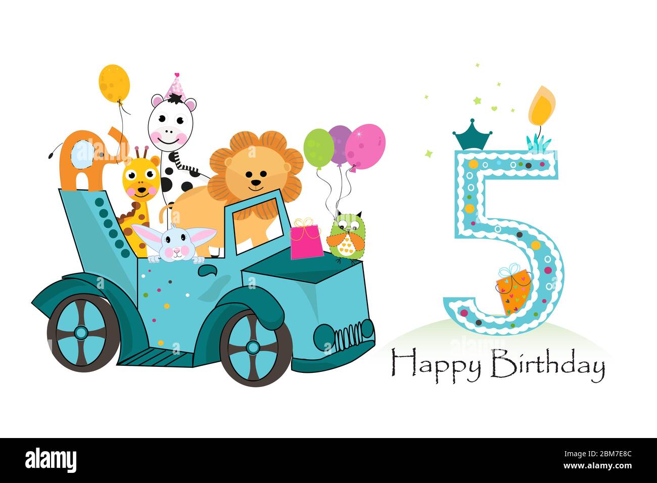 Fifth birthday car with animals background. Birthday greeting card ...