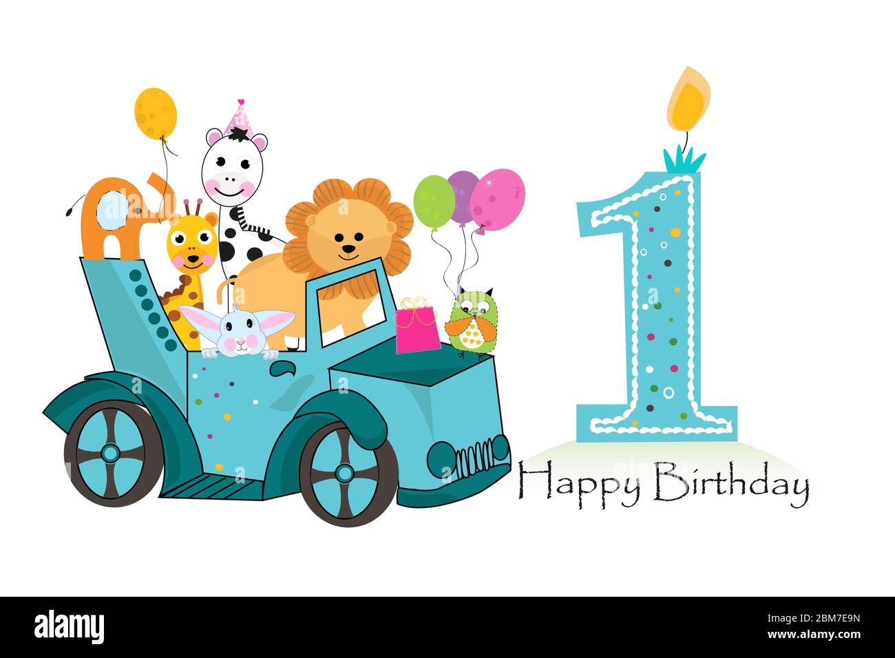 First birthday car with animals background. Birthday greeting card ...