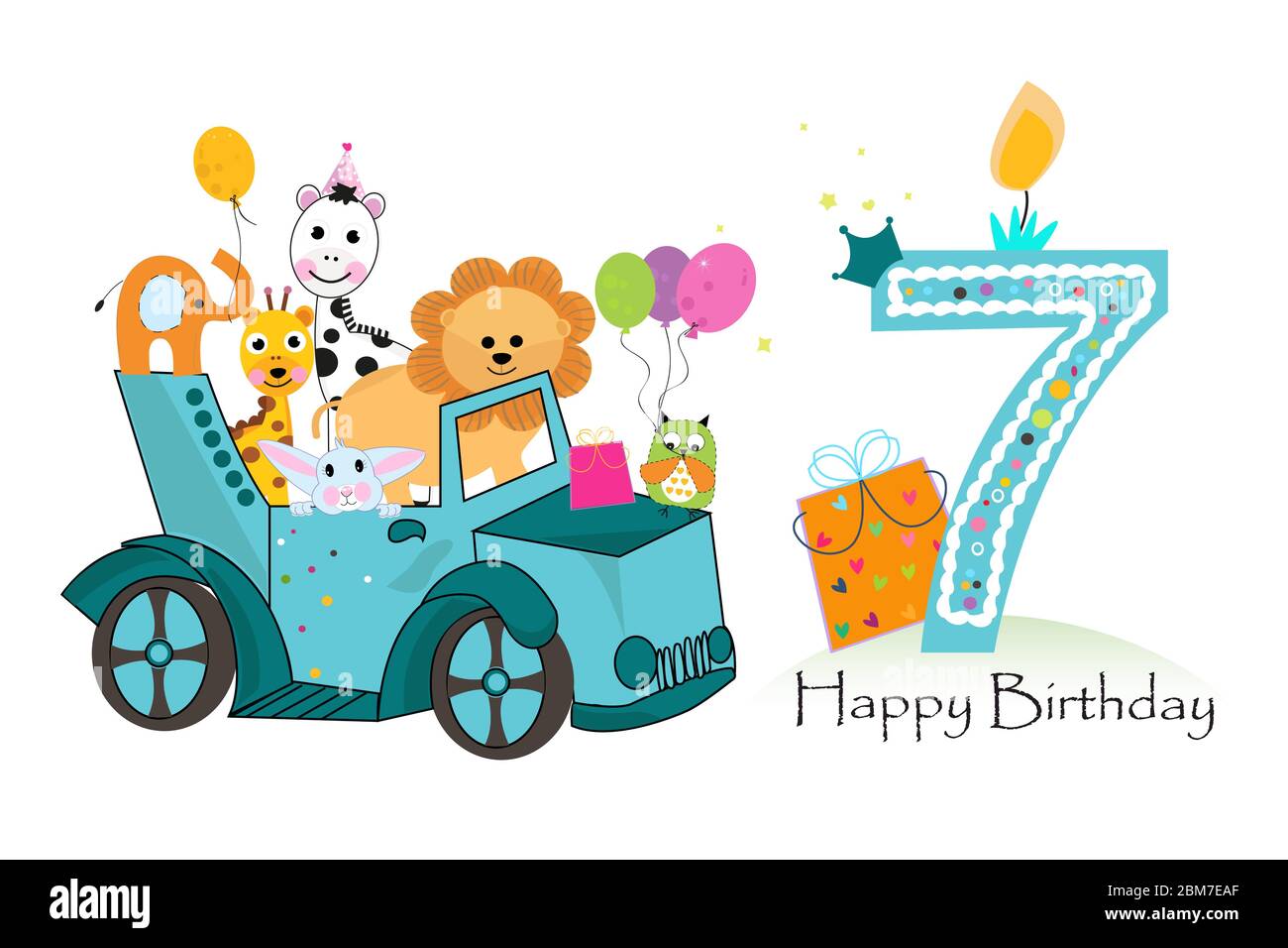 Seventh birthday car with animals background. Birthday greeting card ...