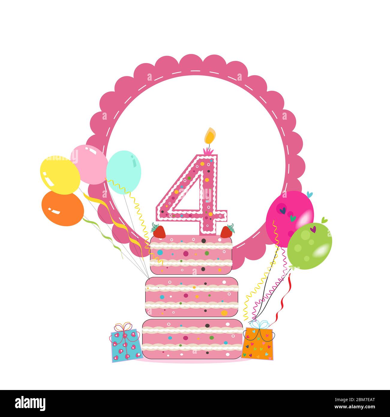 Fourth birthday cake with frame, balloon. Birthday greeting card background Stock Vector Image ...