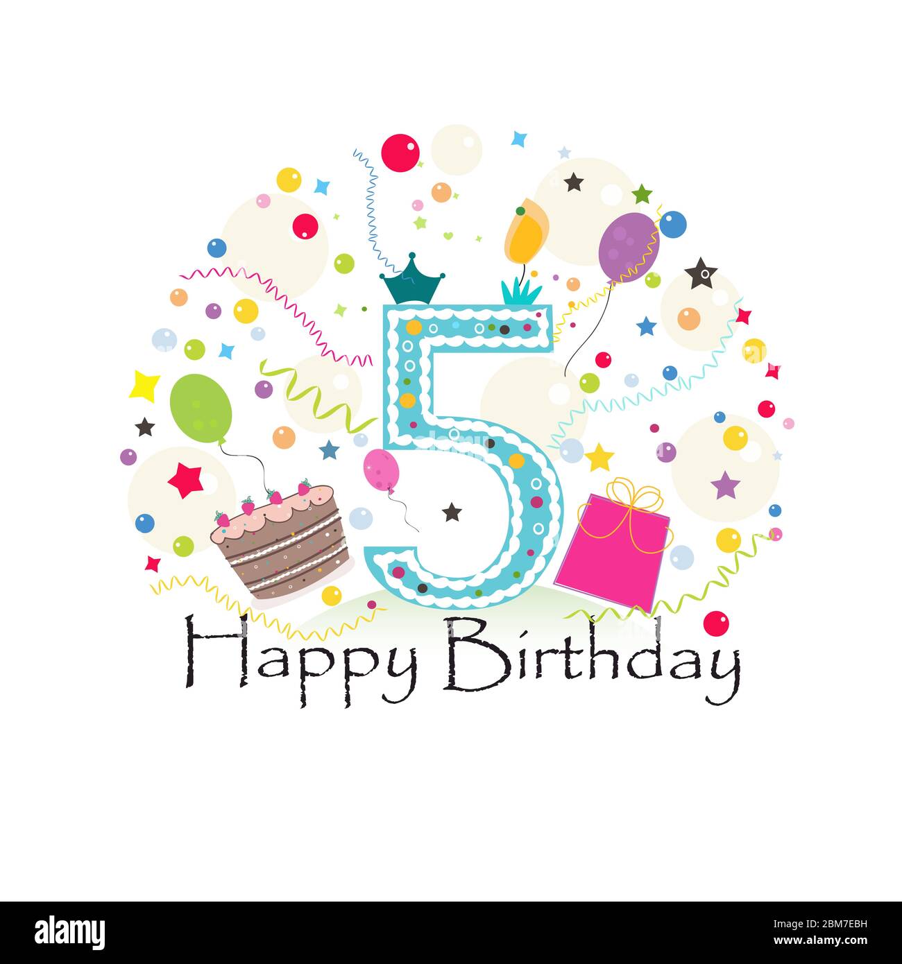 Fifth birthday greeting card with cake, balloon, gift box. Birthday ...