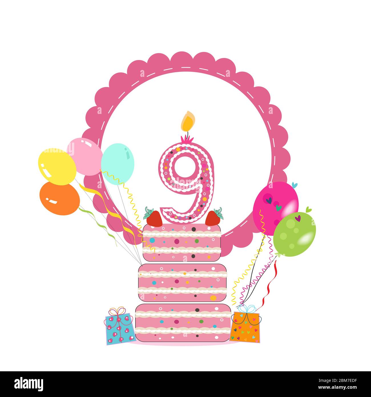Ninth birthday cake with frame, balloon. Birthday greeting card ...