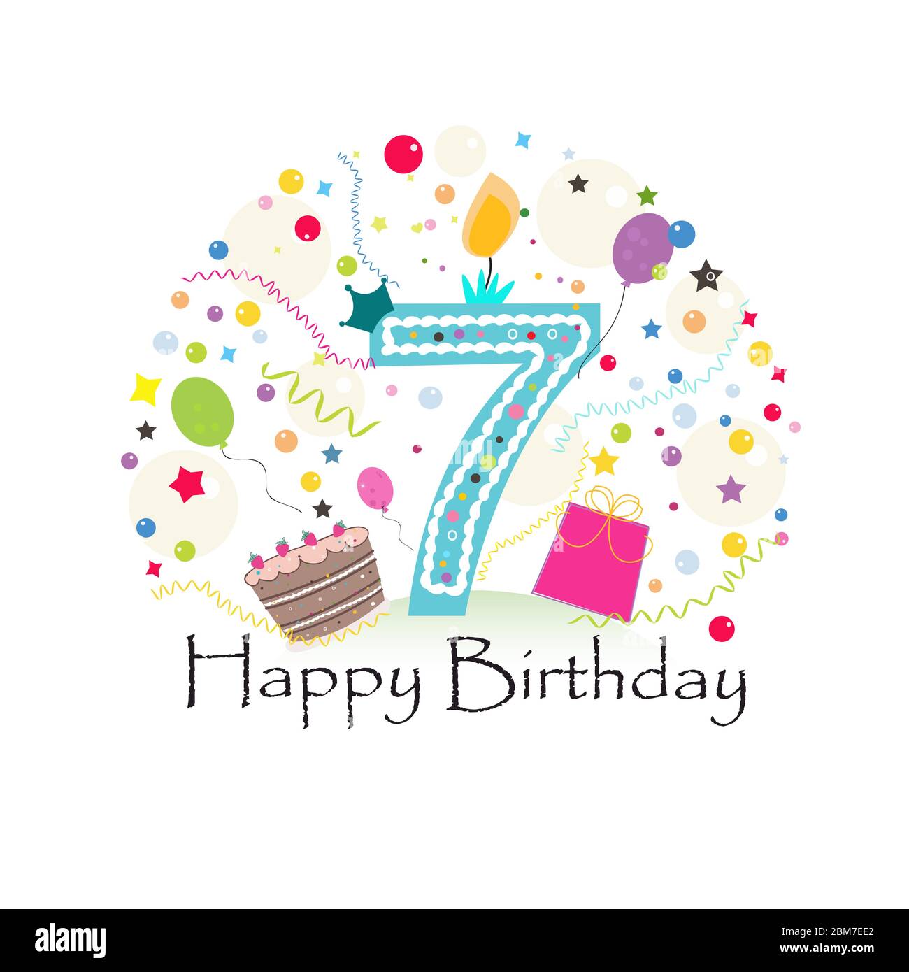 Seventh birthday greeting card with cake, balloon, gift box. Birthday ...