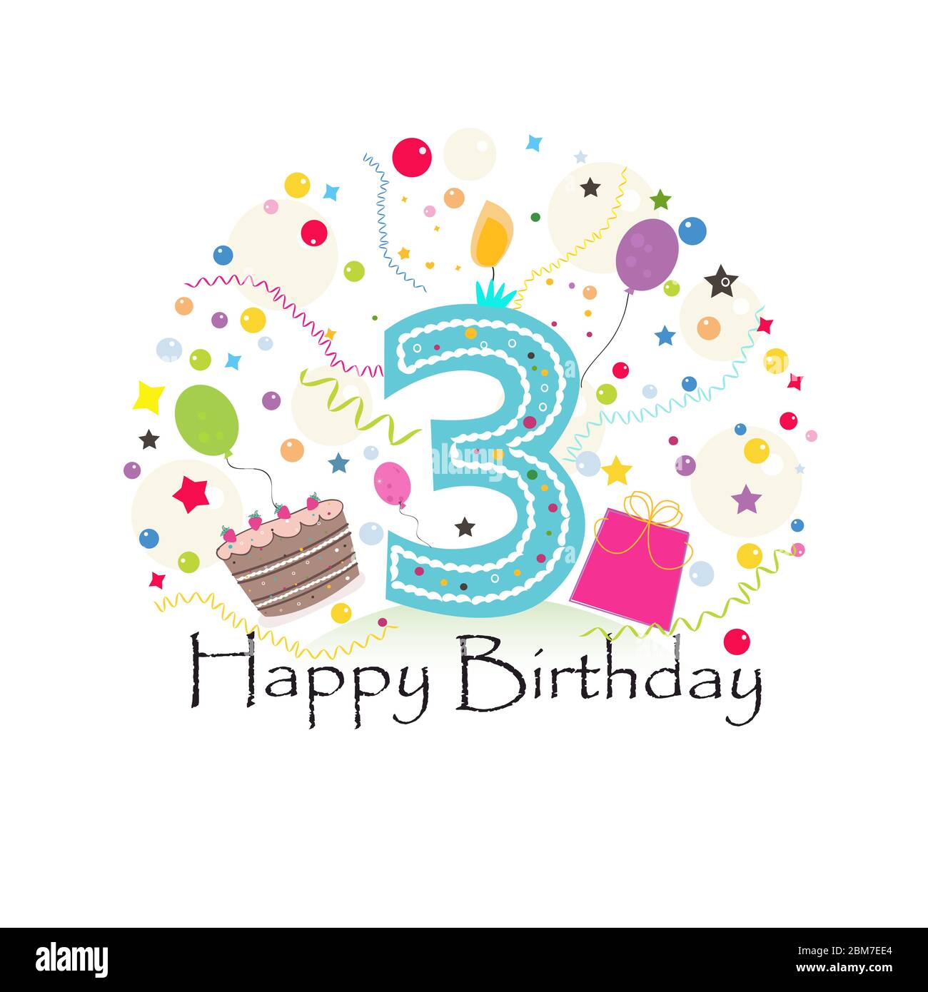 Third birthday greeting card with cake, balloon, gift box. Birthday ...
