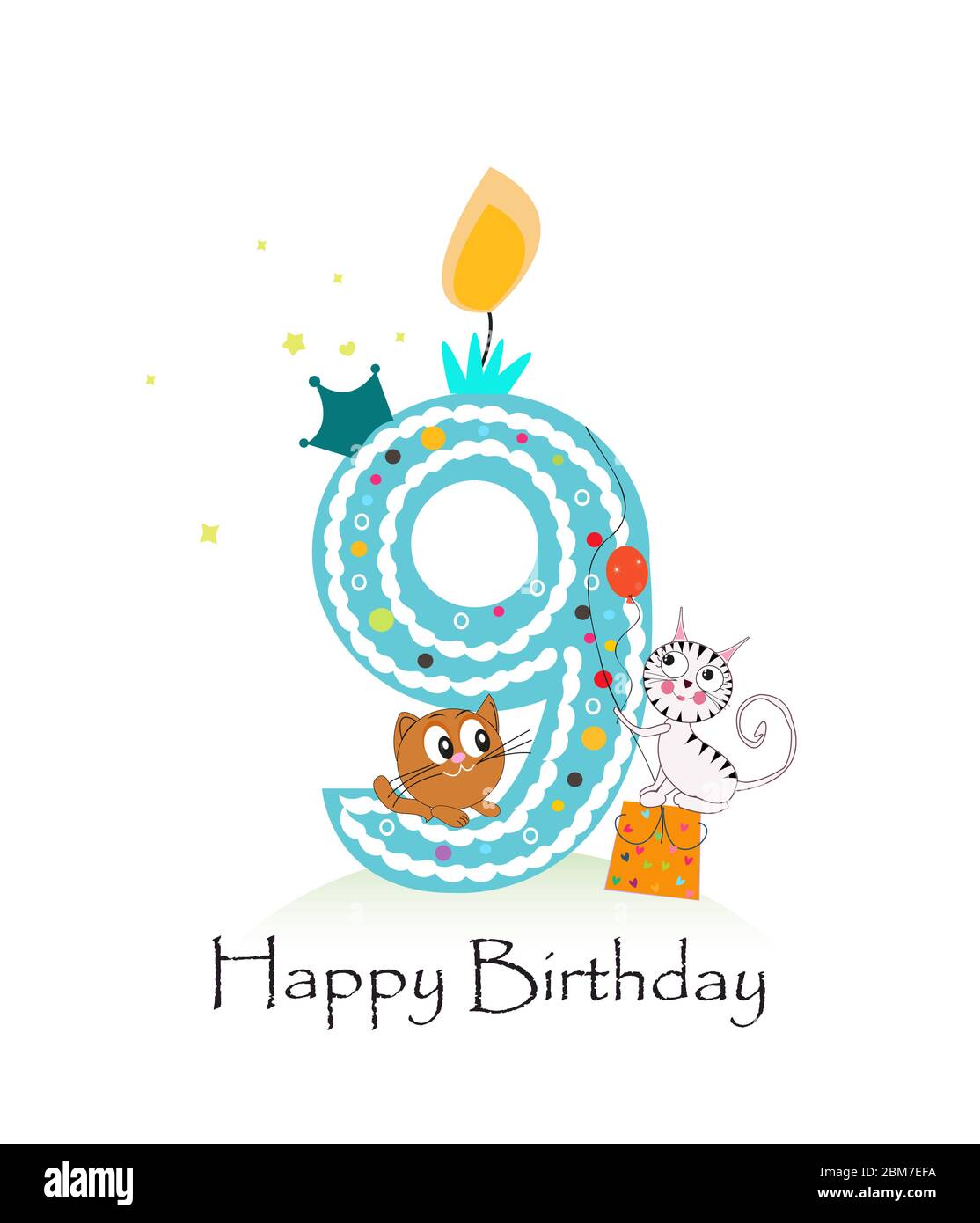 Happy nineth birthday candle with cute cats. Birthday greeting card ...