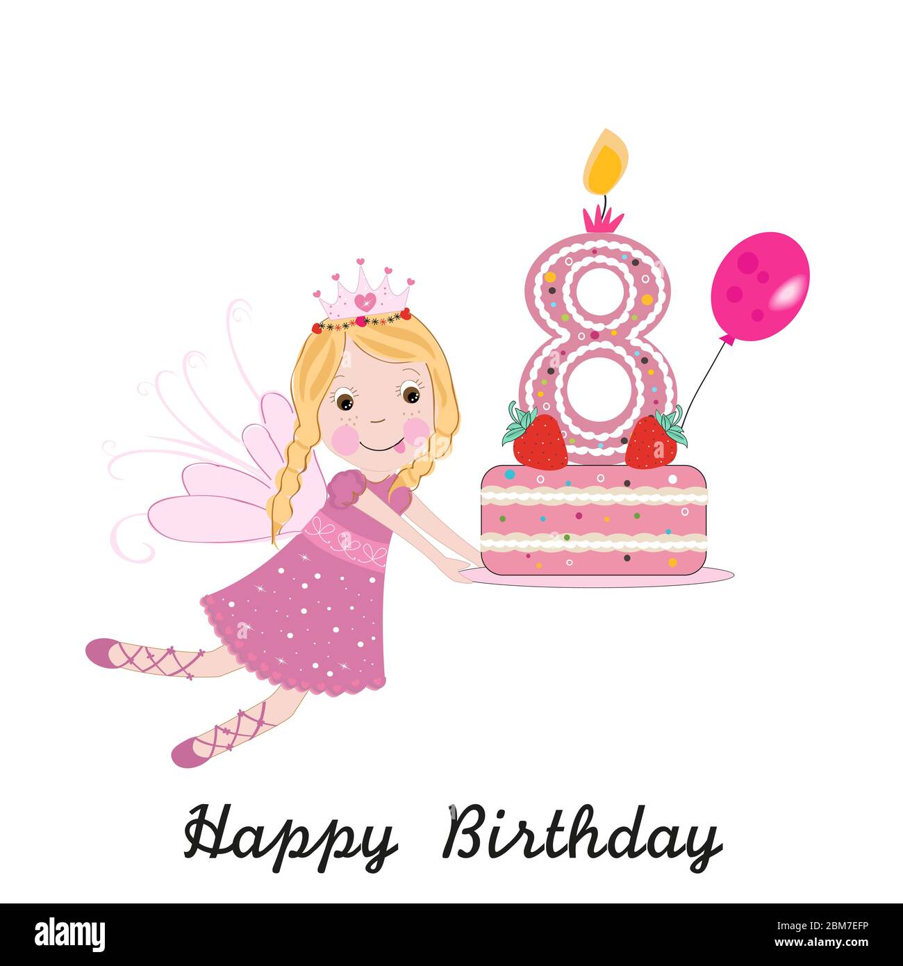 Eight birthday greeting card. Cute fairy holding cake vector background ...