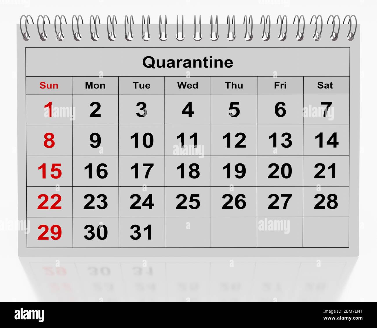 Concept monthly calendar with the word quarantine isolated on white. 3d ...