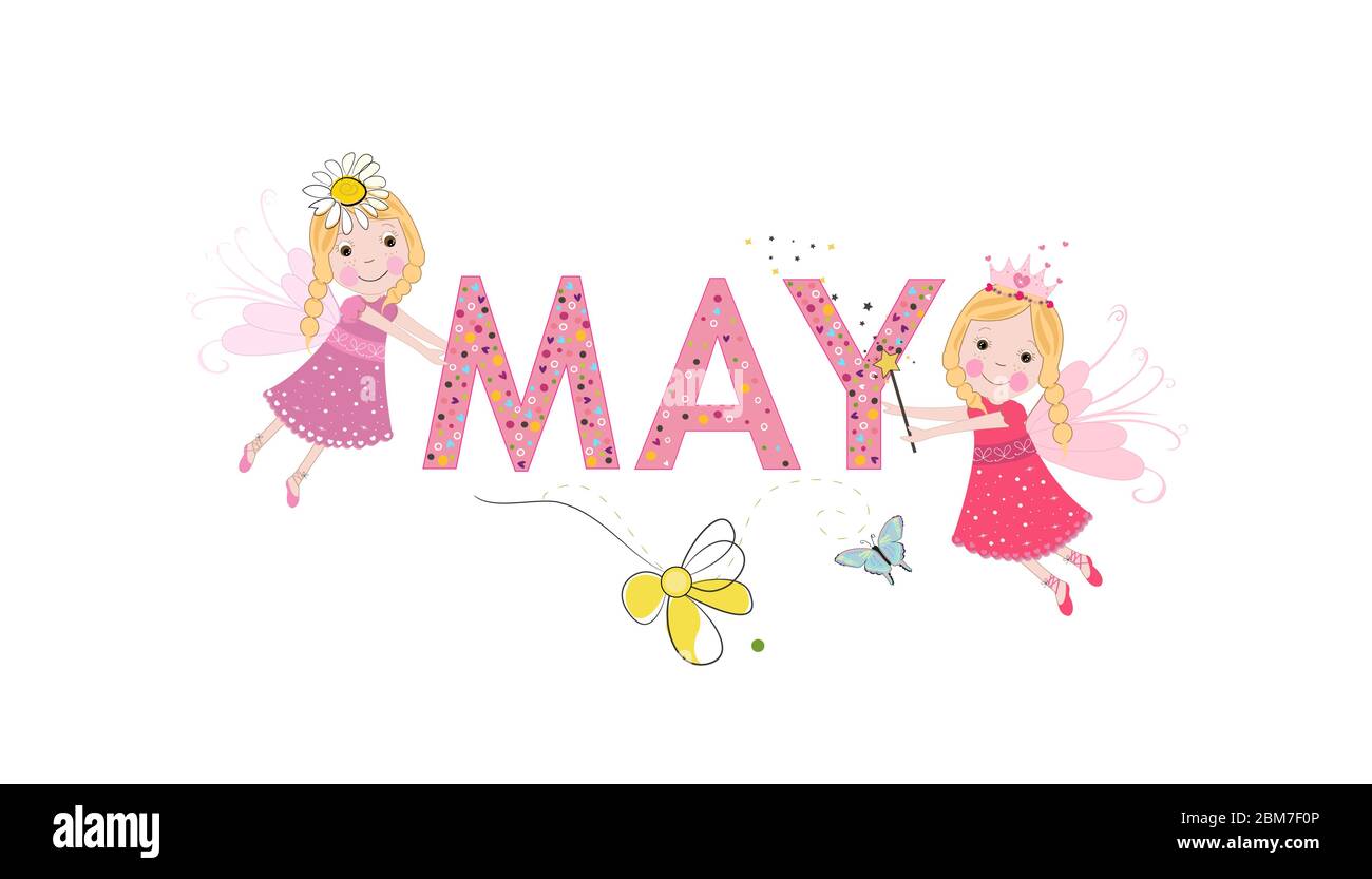 May text with cute fairy tale vector. May and spring time background ...