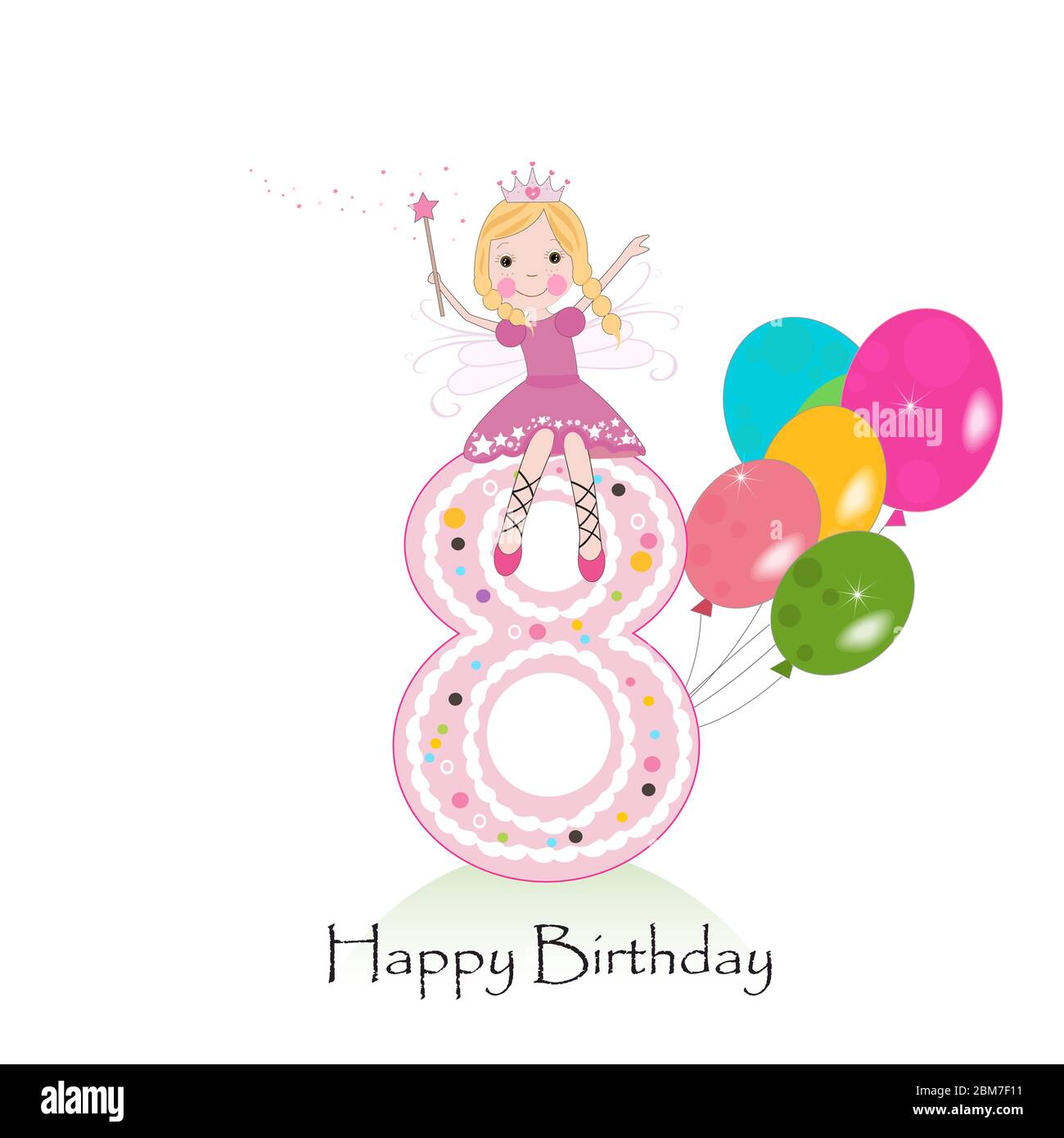 Happy eighth birthday greeting card. Cute fairy tale vector ...