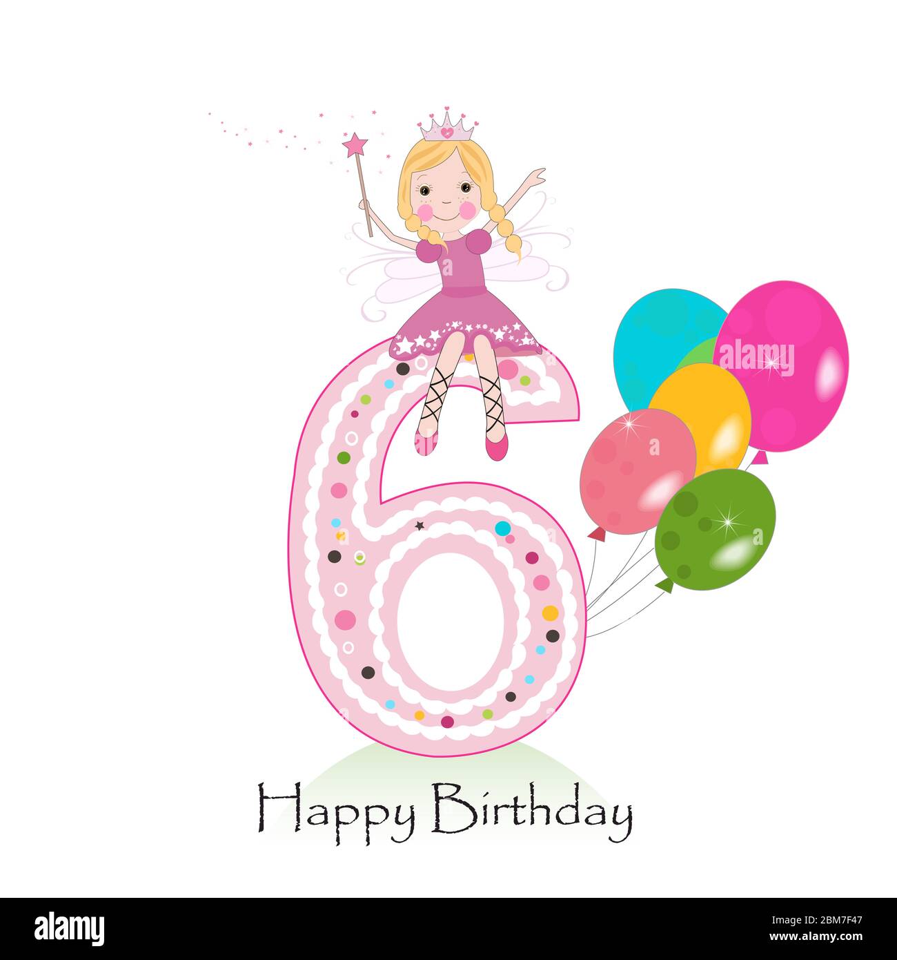 Happy sixth birthday greeting card. Cute fairy tale vector illustration ...