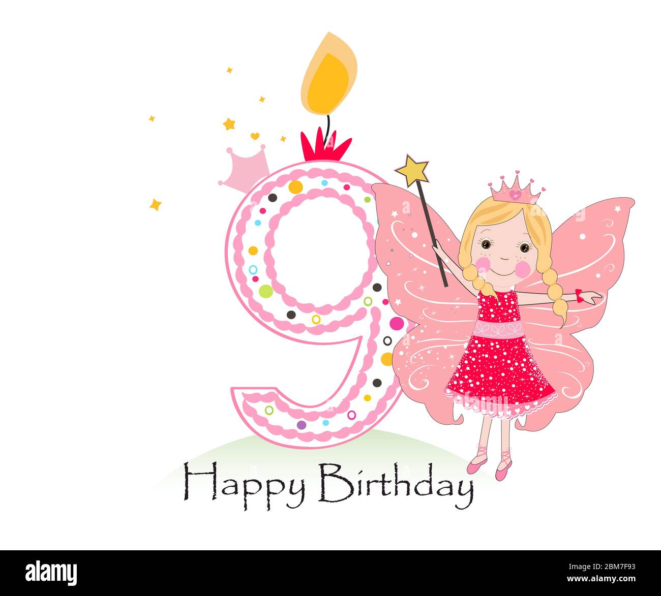 Happy ninth birthday candle. Girl greeting card with cute fairy tale ...