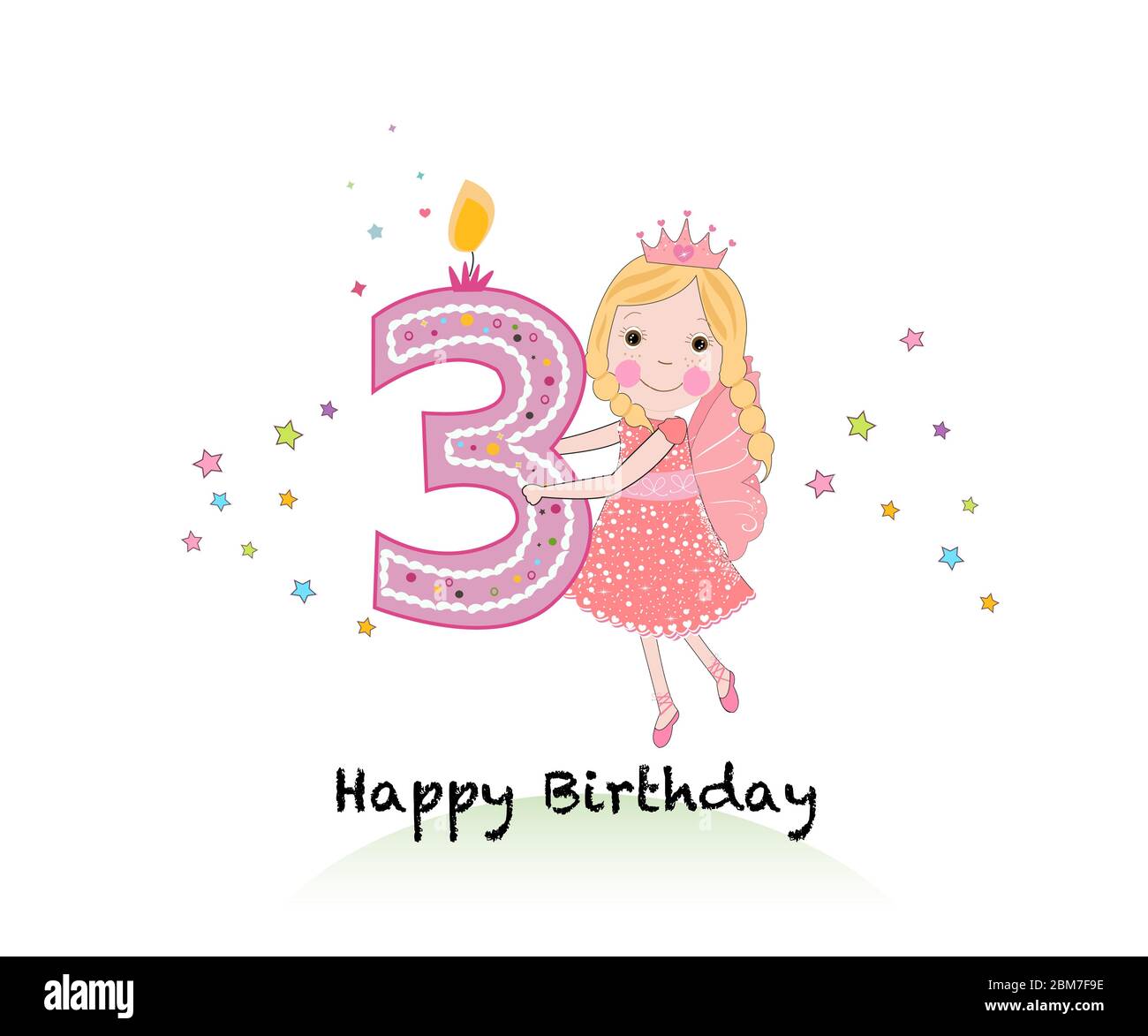 Happy thirth birthday candle. Girl greeting card with cute fairy tale ...