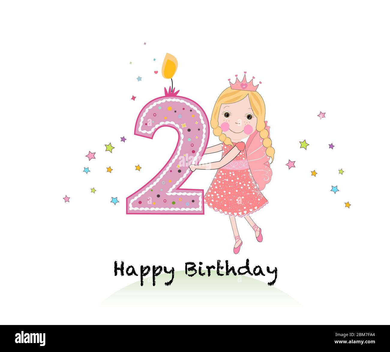 Happy second birthday candle. Girl greeting card with cute fairy tale ...