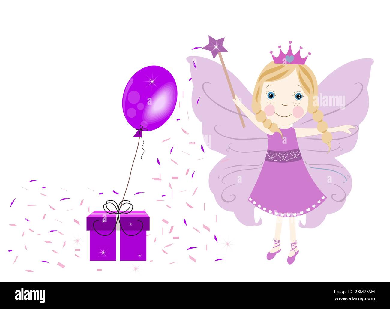 Cute purple fairy tale with gift box and balloon vector illustration ...