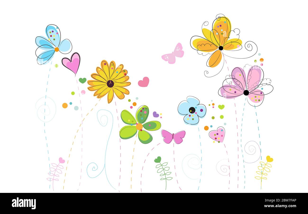 Spring time colorful doodle flowers vector illustration background ...