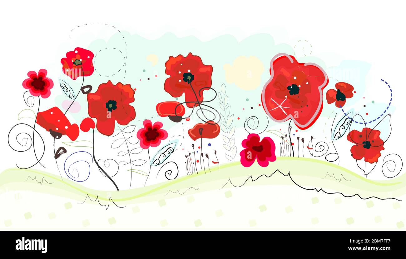 Abstract doodle flowers and red poppies vector background. Spring time ...
