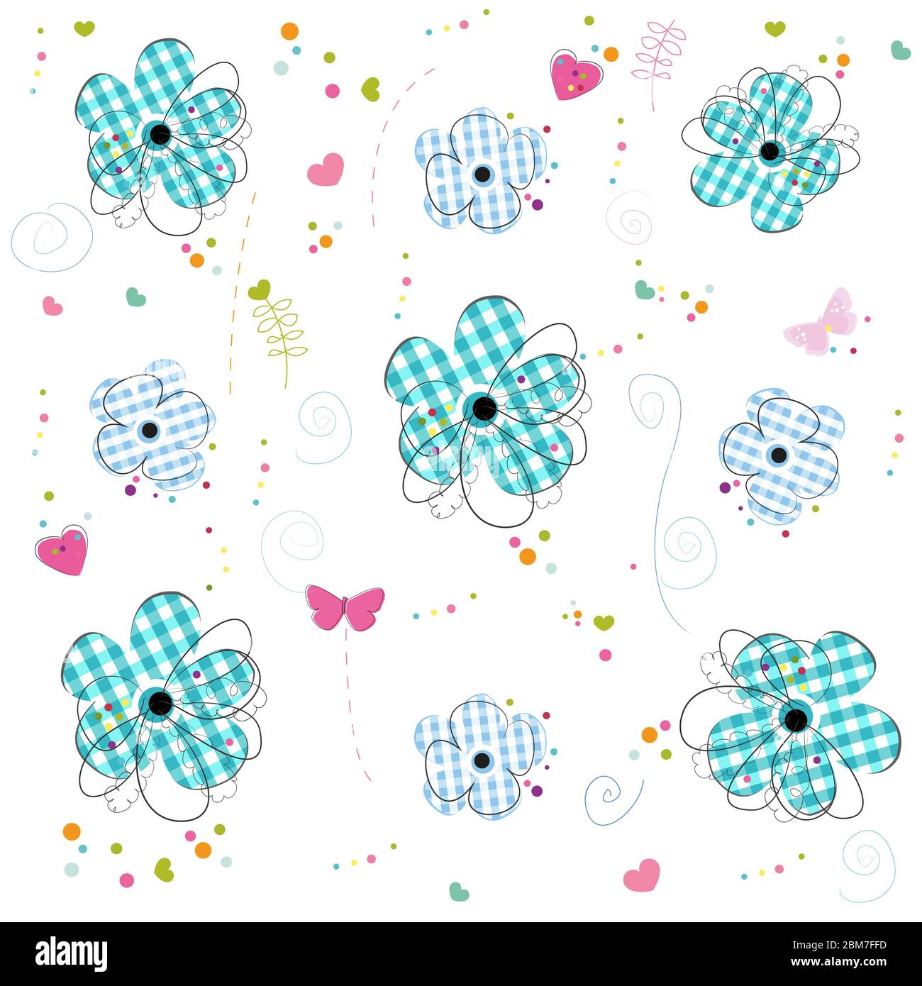 Blue doodle flowers with plaid texture pattern background vector ...