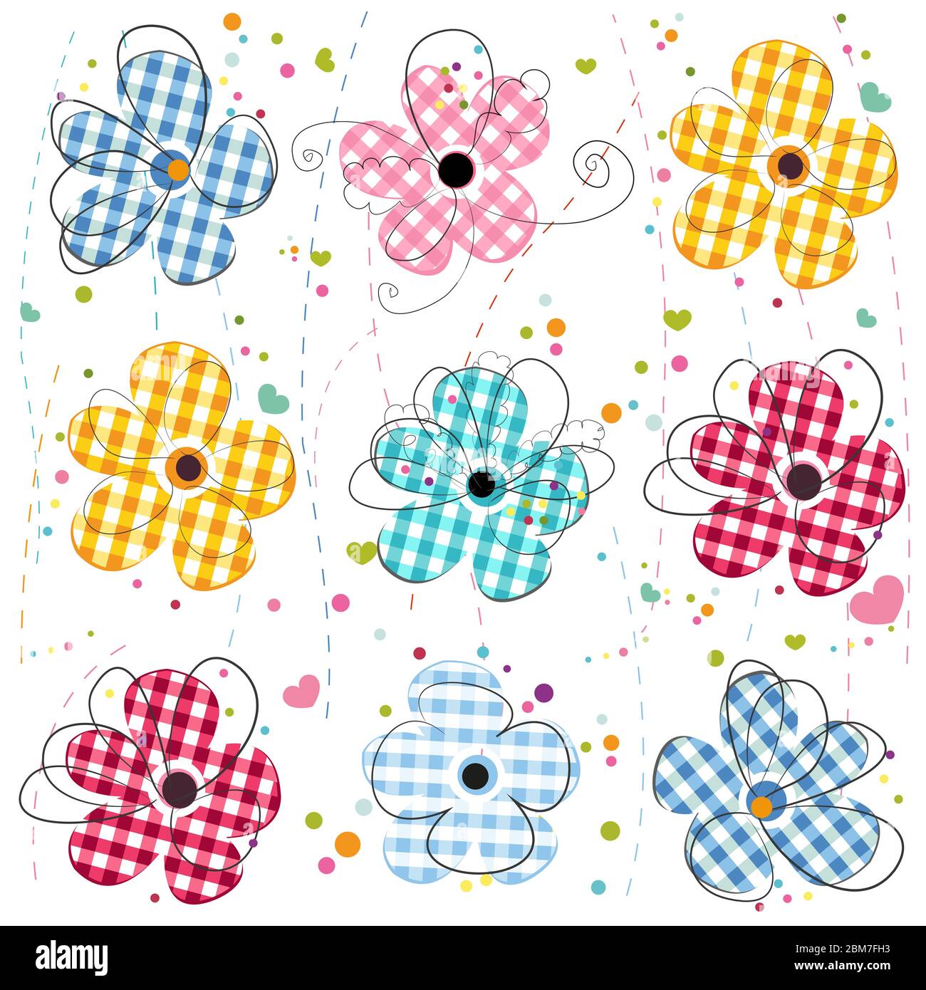 Colored doodle flowers with plaid texture pattern background vector ...