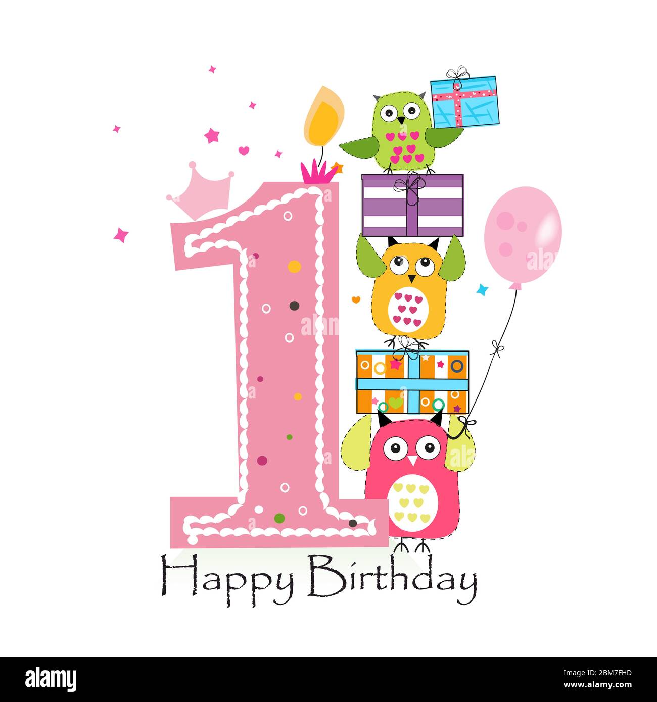 Happy first birthday with owls and gift box. Baby girl birthday ...