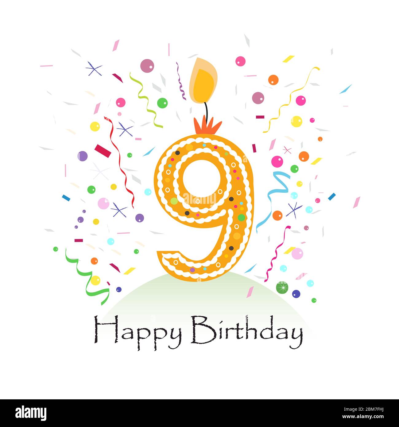 Happy ninth birthday candle vector with colorful confetti and balloons ...