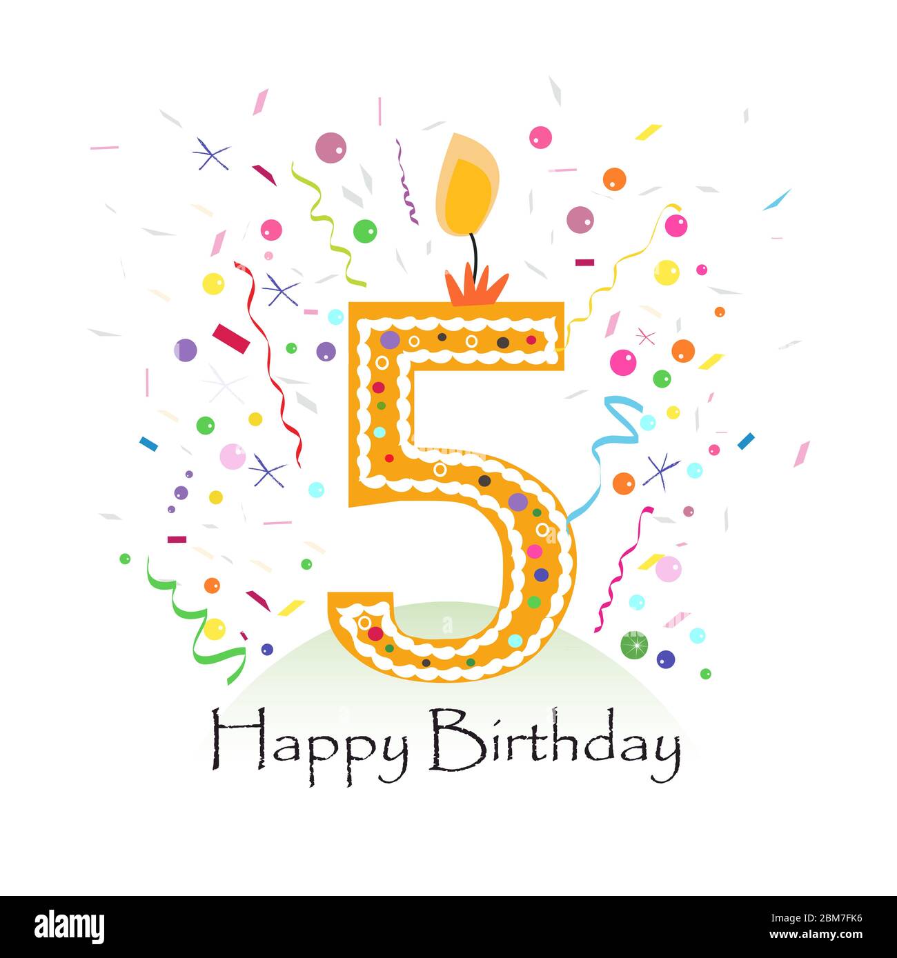 Happy fifth birthday candle vector with colorful confetti and balloons vector illustration back ...