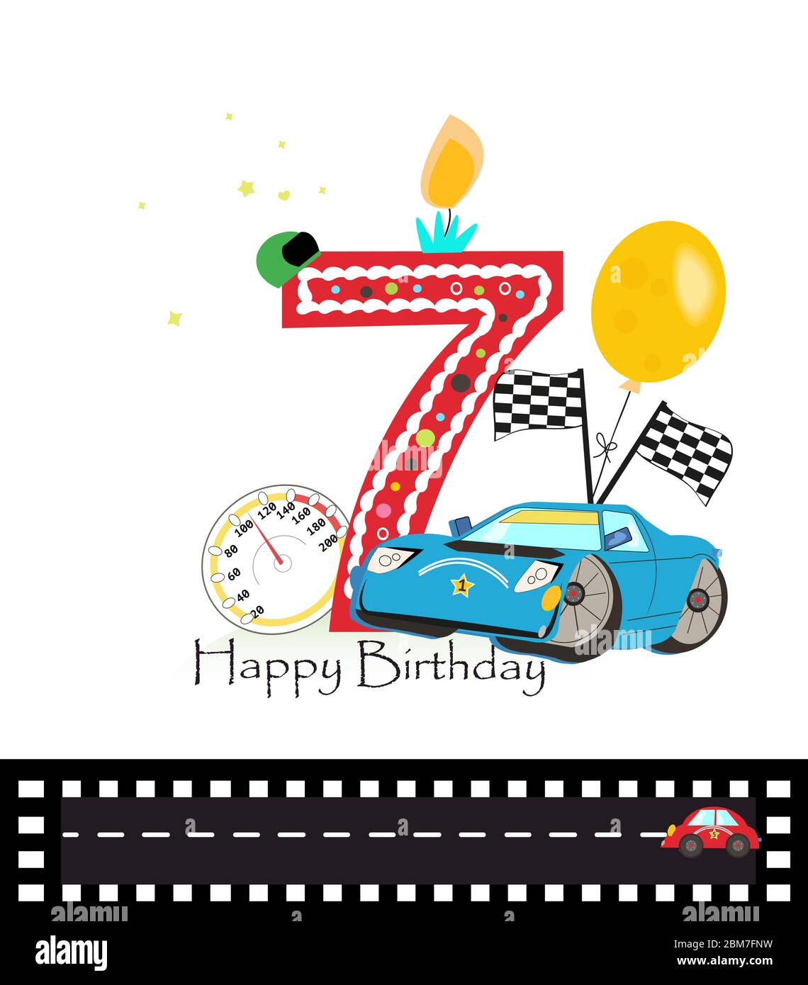 Happy seventh birthday candle. Baby boy greeting card with car vector ...