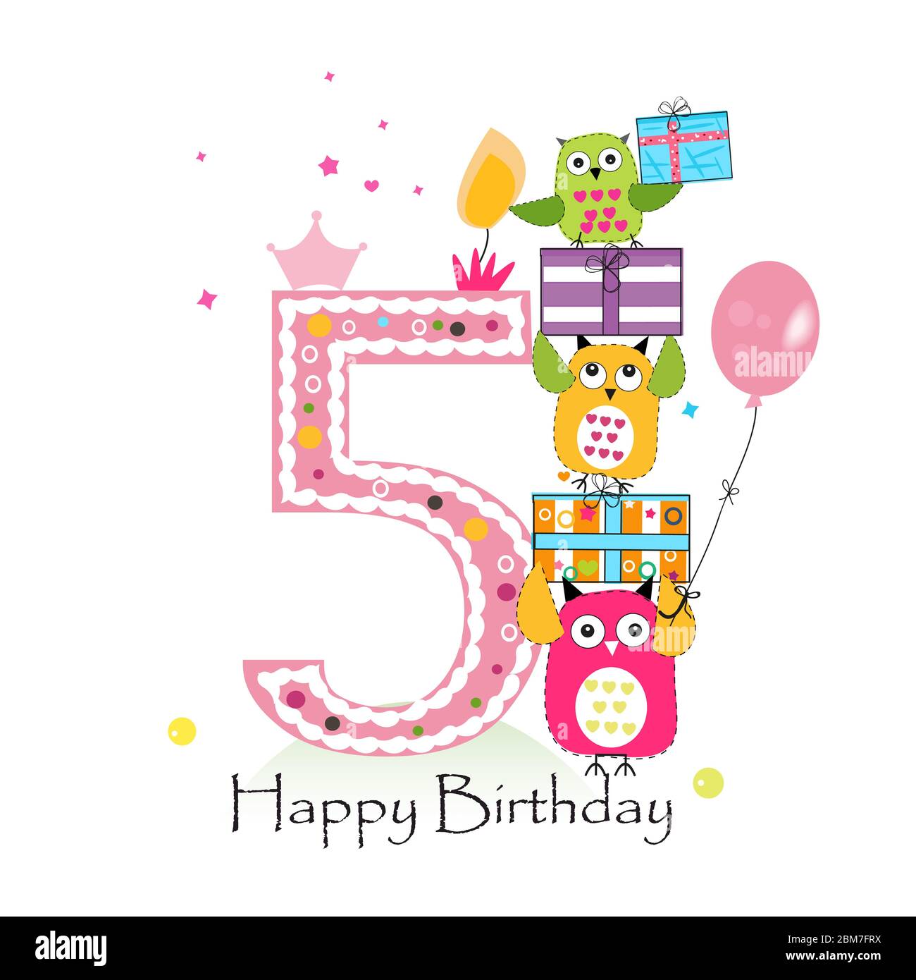 Happy fifth birthday with owls and gift box. Baby girl birthday ...