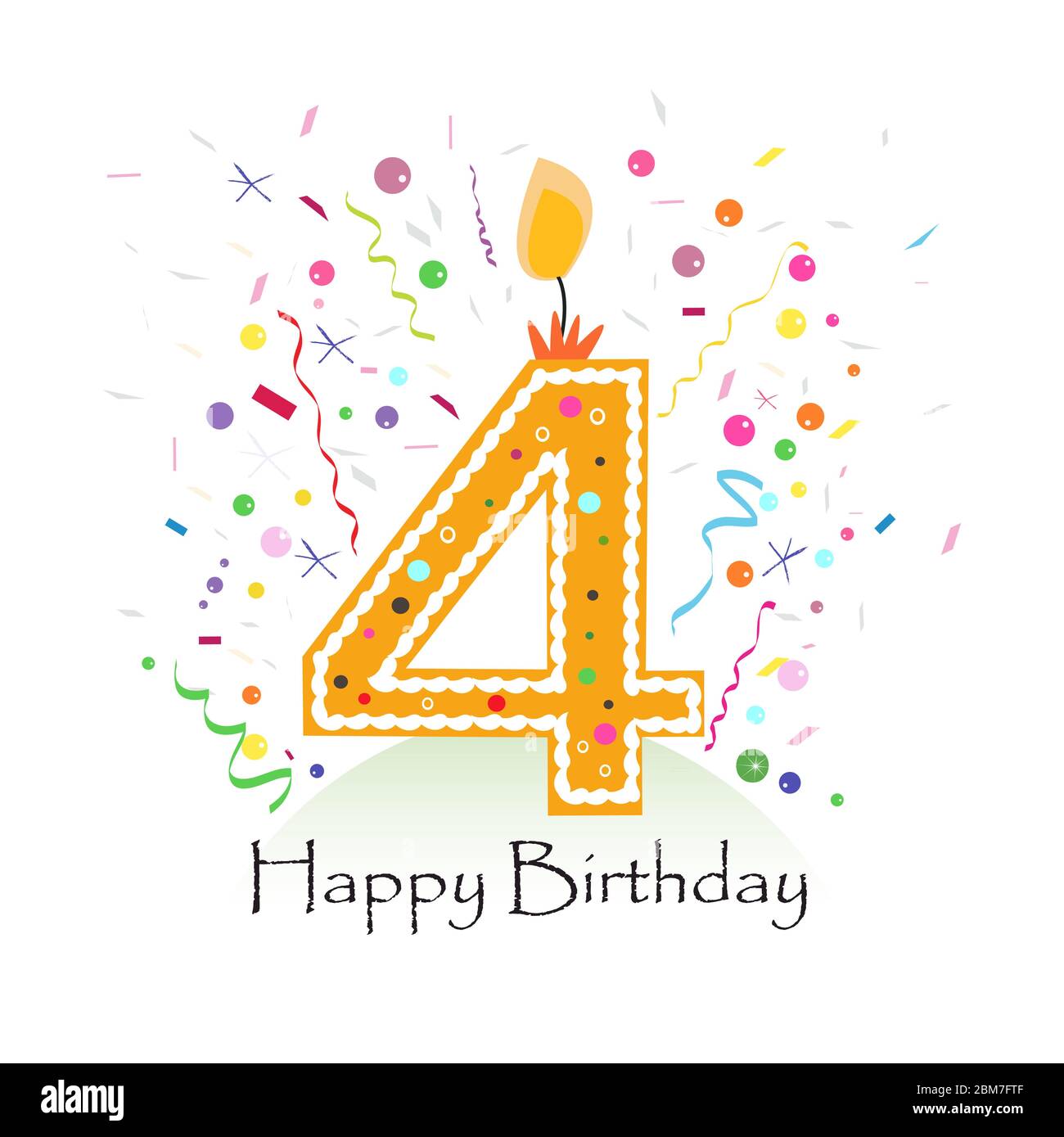 Happy fourth birthday candle vector with colorful confetti and balloons ...