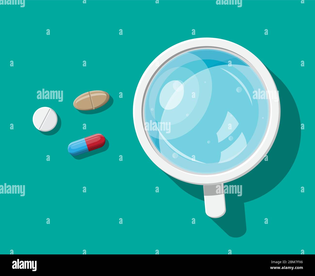 Glass of water, pills, capsules for illness and pain treatment. Taking ...