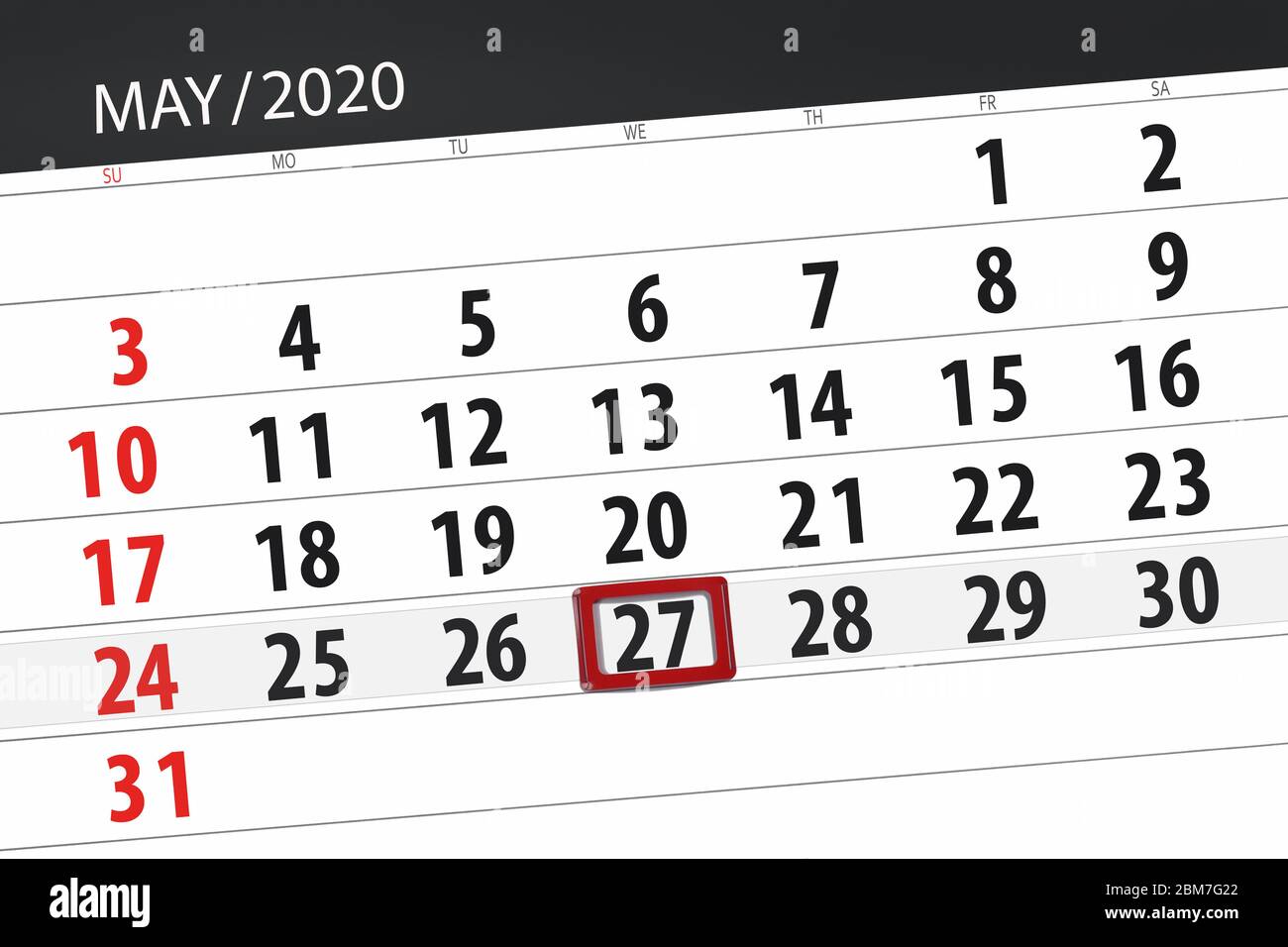 Calendar planner for the month may 2020, deadline day, 27, wednesday ...
