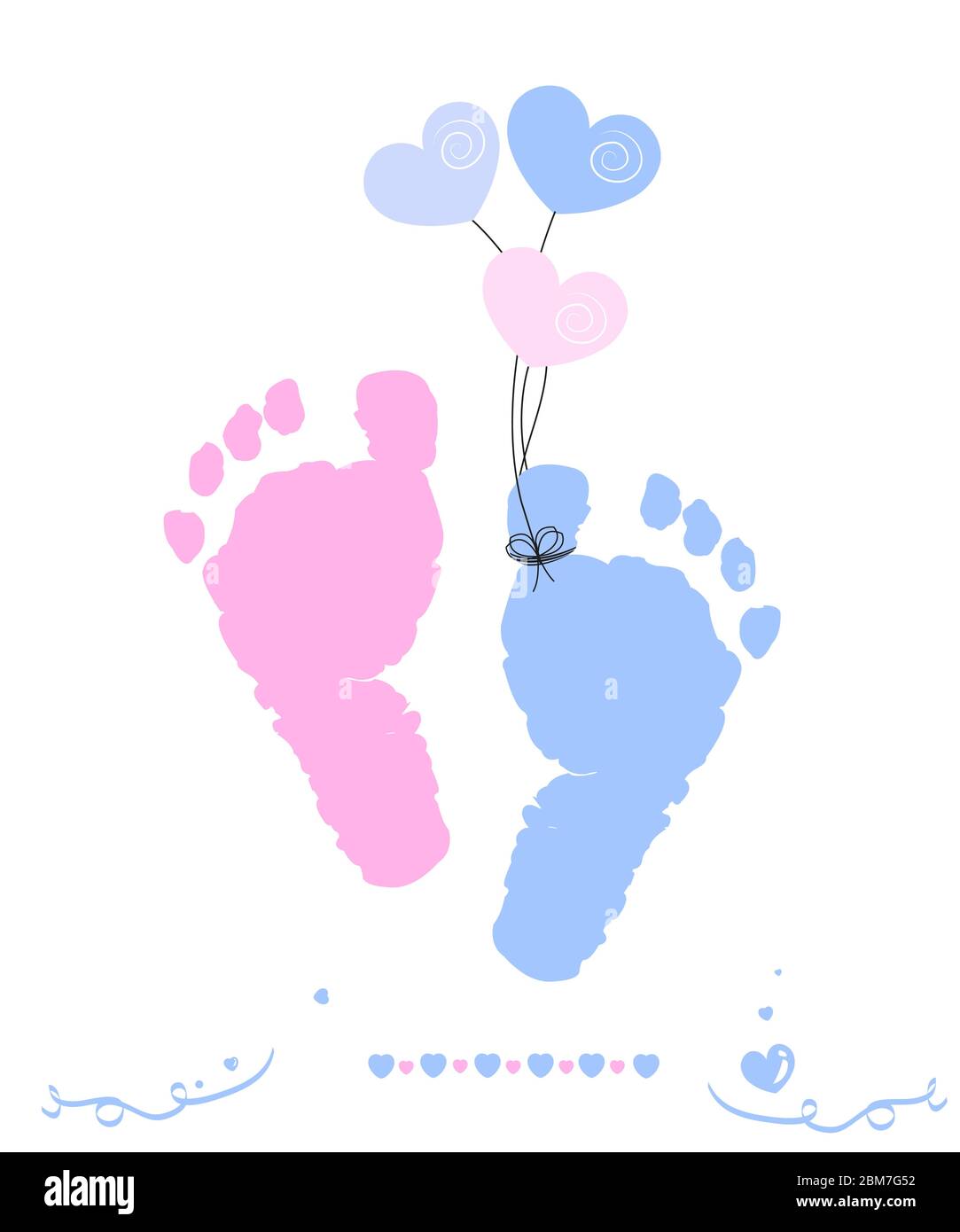 Baby boy and girl foot prints with hearts balloon vector greeting card ...