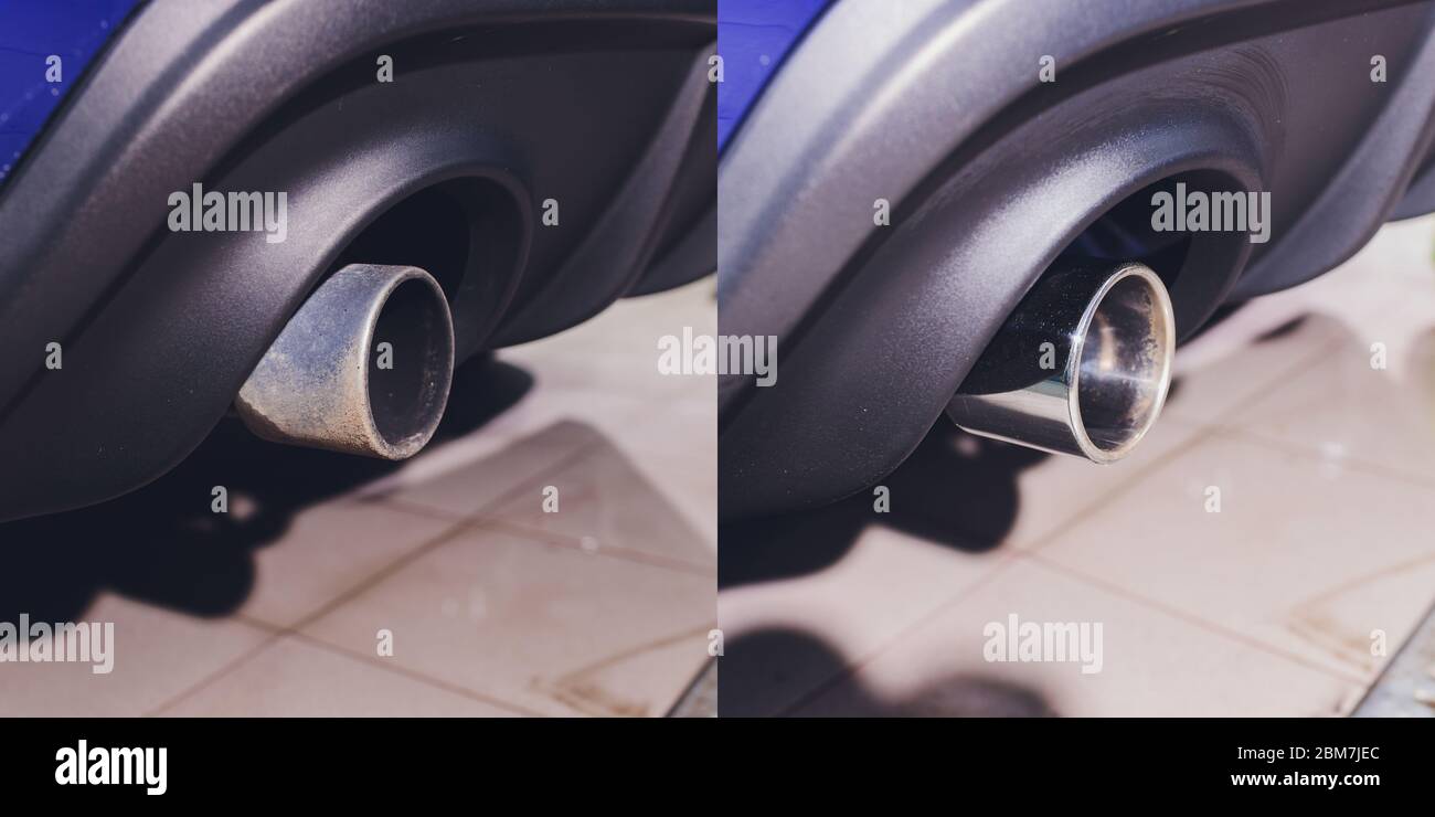 Car exhaust pipe with soap. Car wash background close-up before and ...