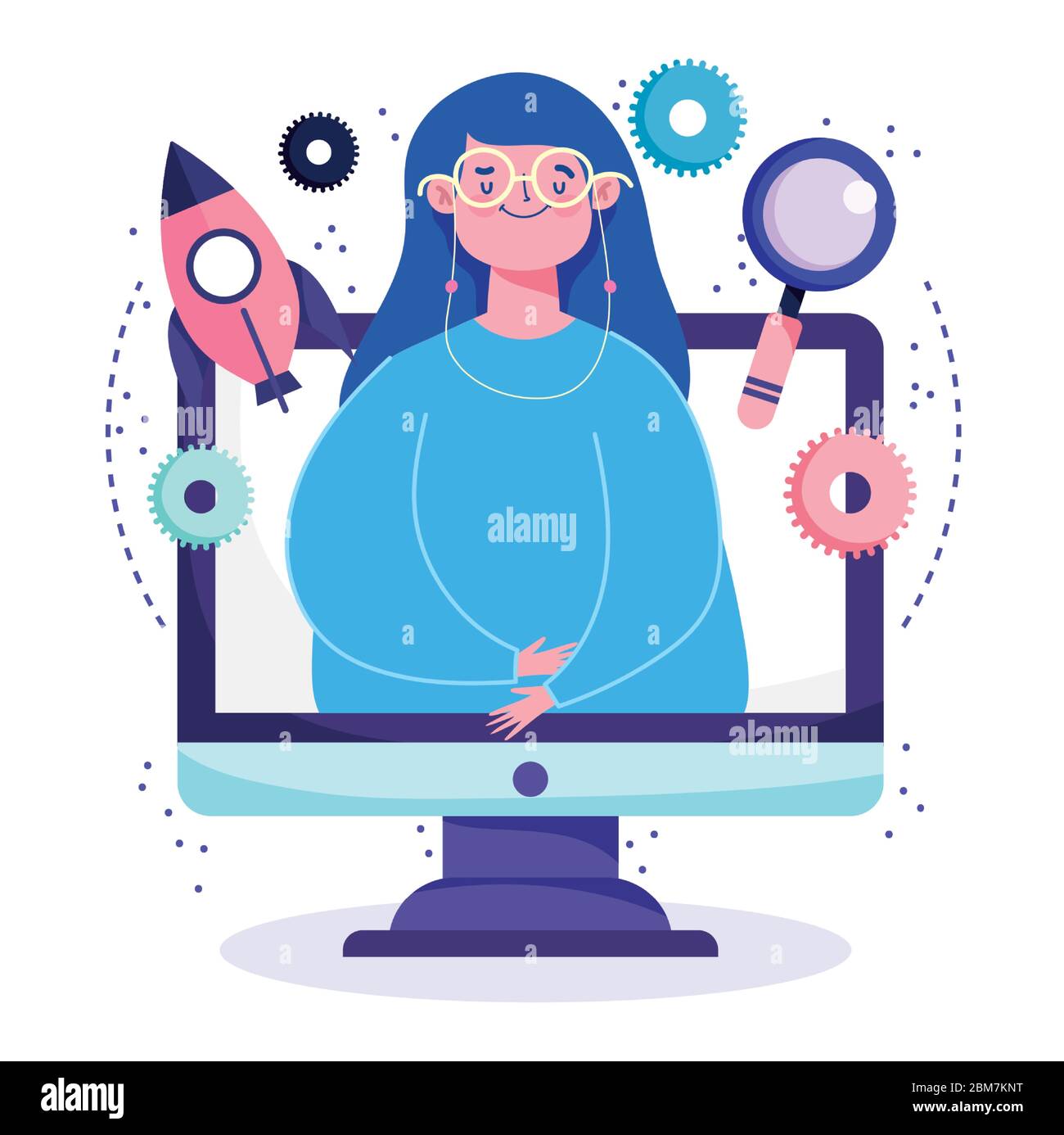 online education, computer student with glasses video learn vector ...