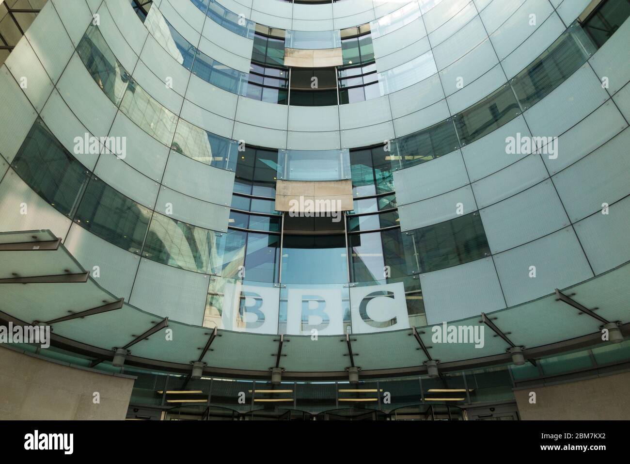 BBC logo letters on glass screen above the entrance door / doors of the ...