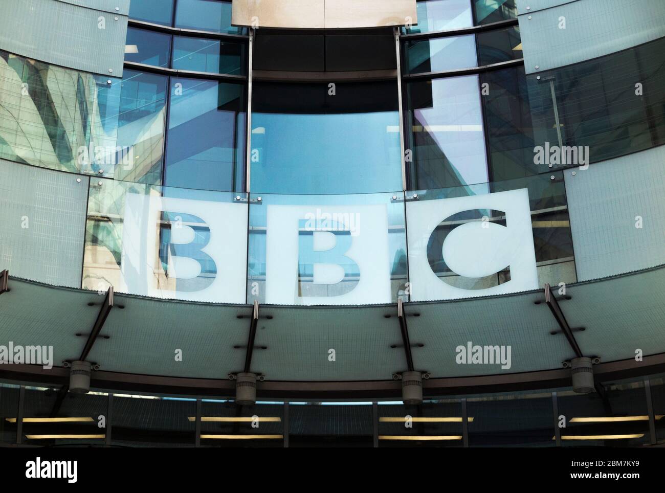 BBC logo letters on glass screen above the entrance door / doors of the ...