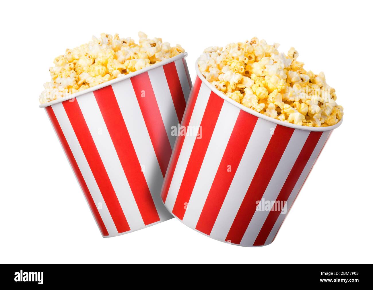 Set of paper striped buckets with popcorn isolated on white background ...