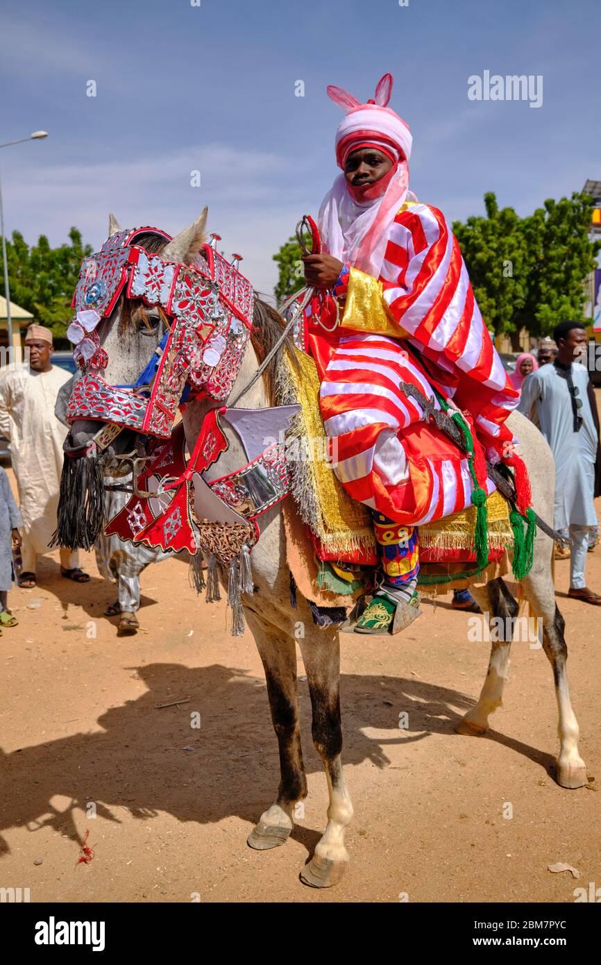 Nobleman rider dressed in a colourful outfit mounting an embellished ...