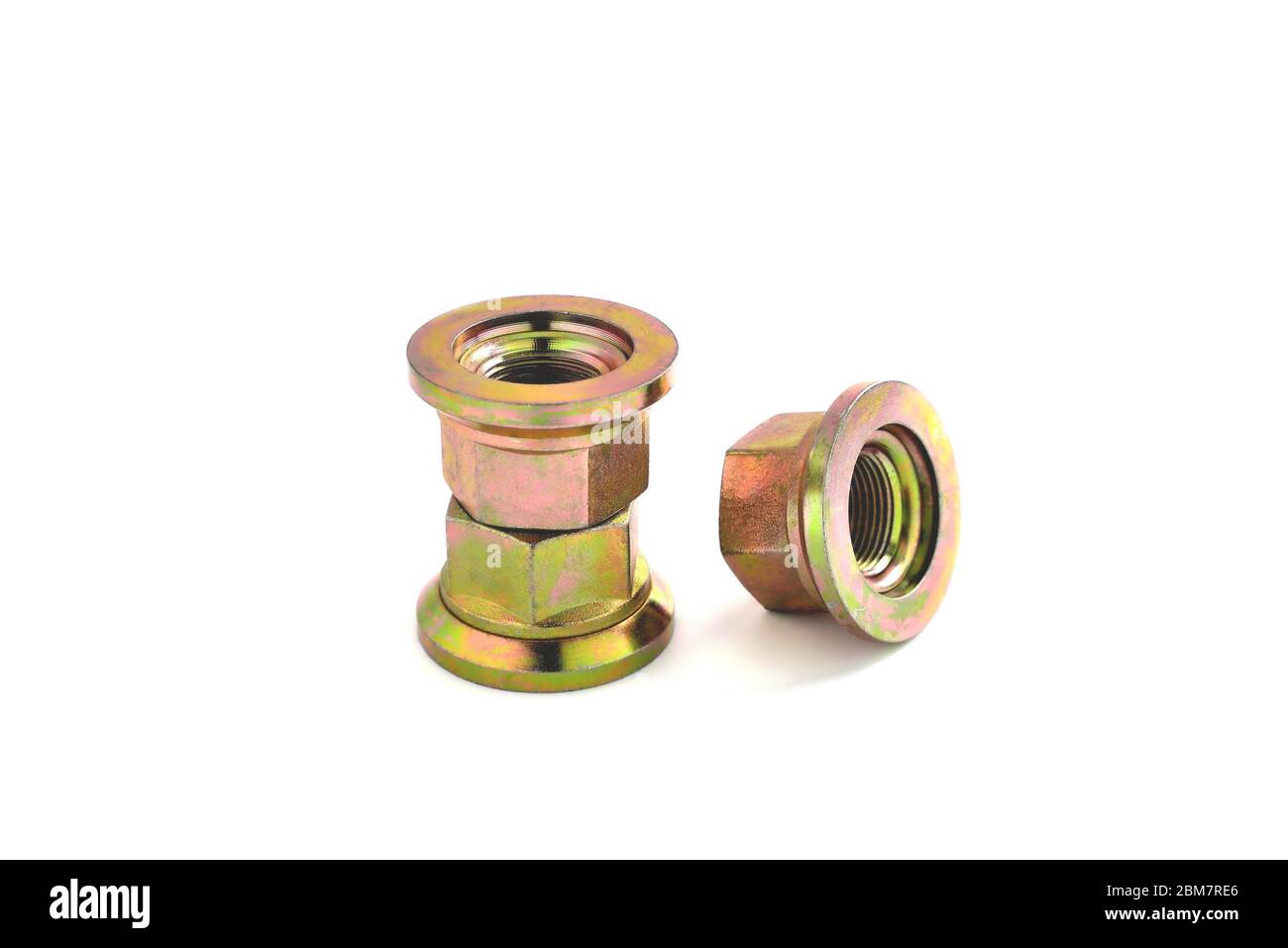 galvanized fixing nuts several pieces on a white background close-up ...