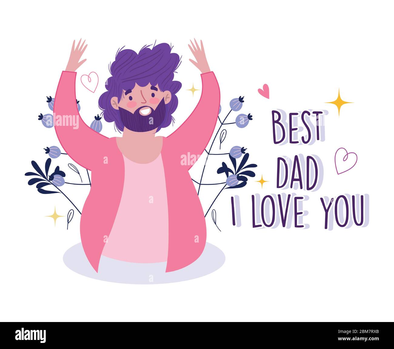 happy fathers day, cheerful bearded dad floral decoration greeting card ...