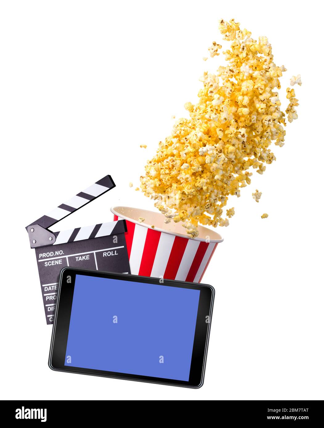 Flying popcorn, film clapper board and phone isolated on white ...