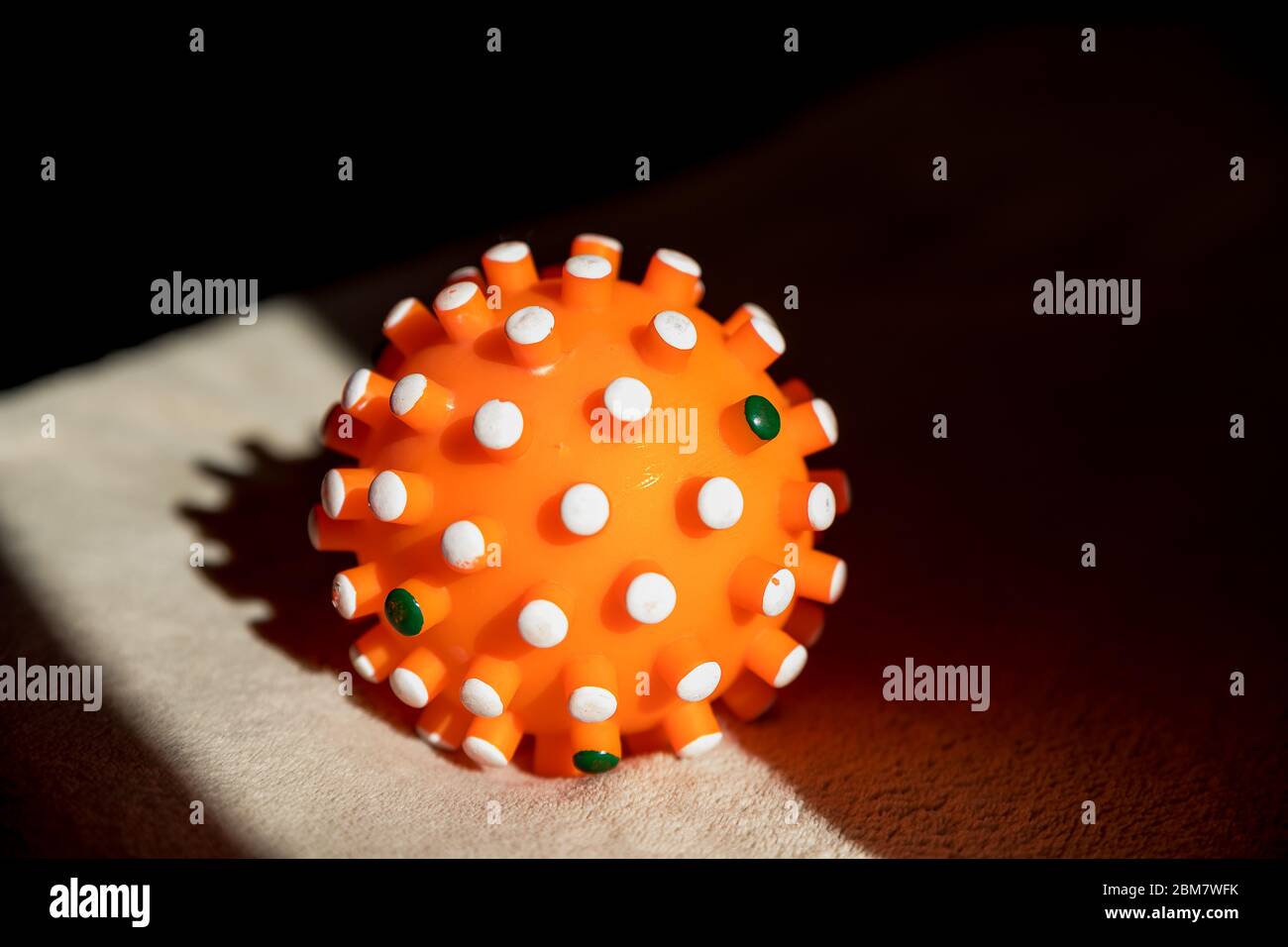 Red bright spiny ball isolated on dark background. Toy, close-up ...