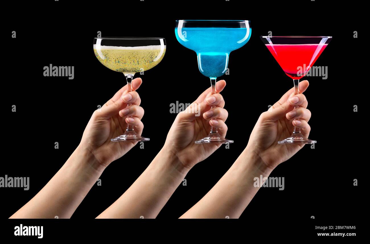 Set of hands holding cocktails isolated on black background Stock Photo ...