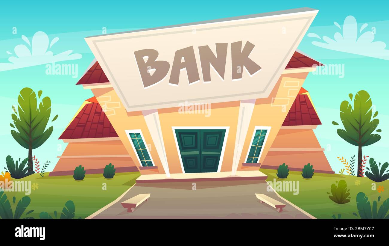 cartoon bank branch at city street illustration . happy financial ...