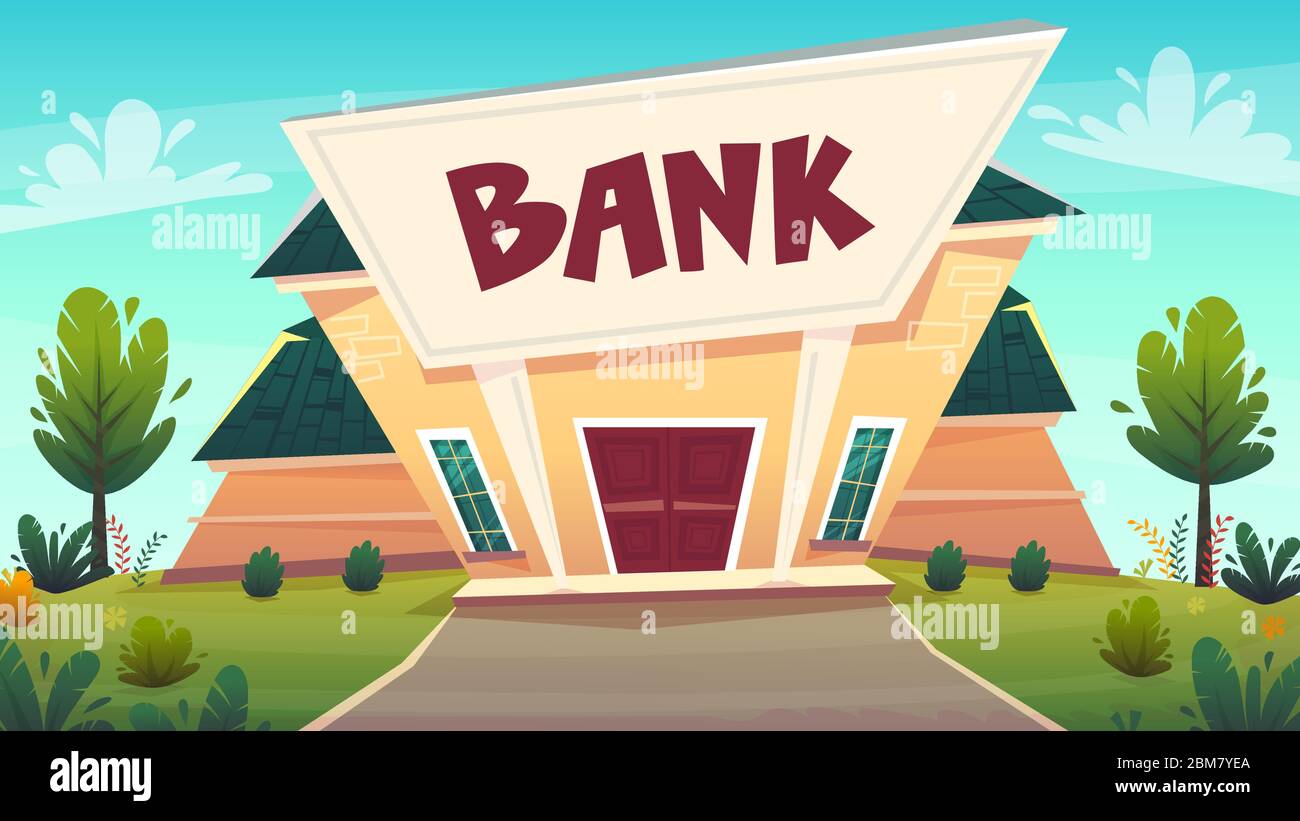 cartoon bank branch at city street illustration . happy financial ...