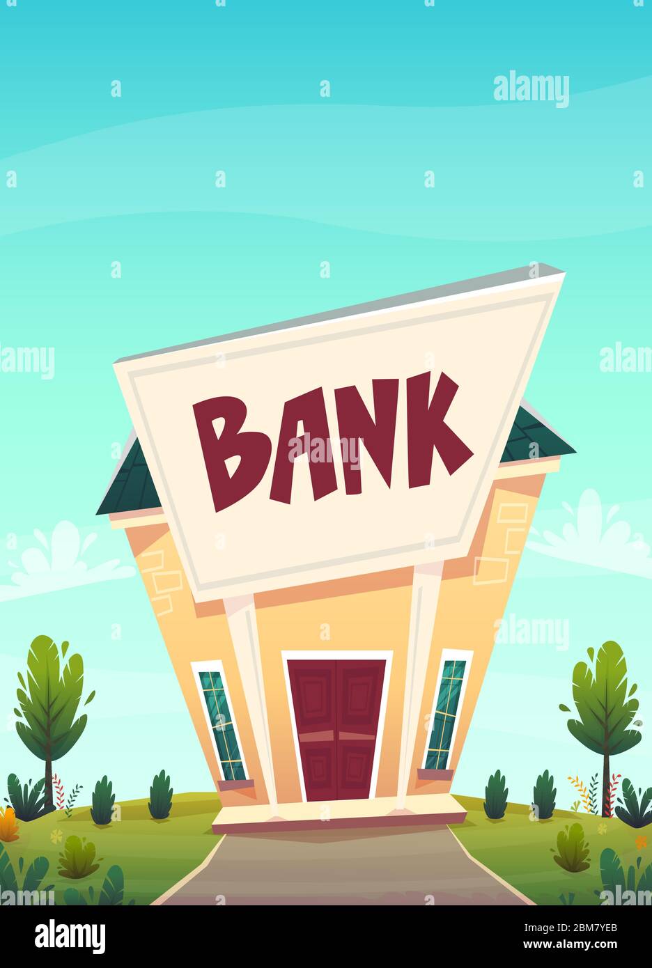 cartoon bank branch at city street illustration . happy financial ...
