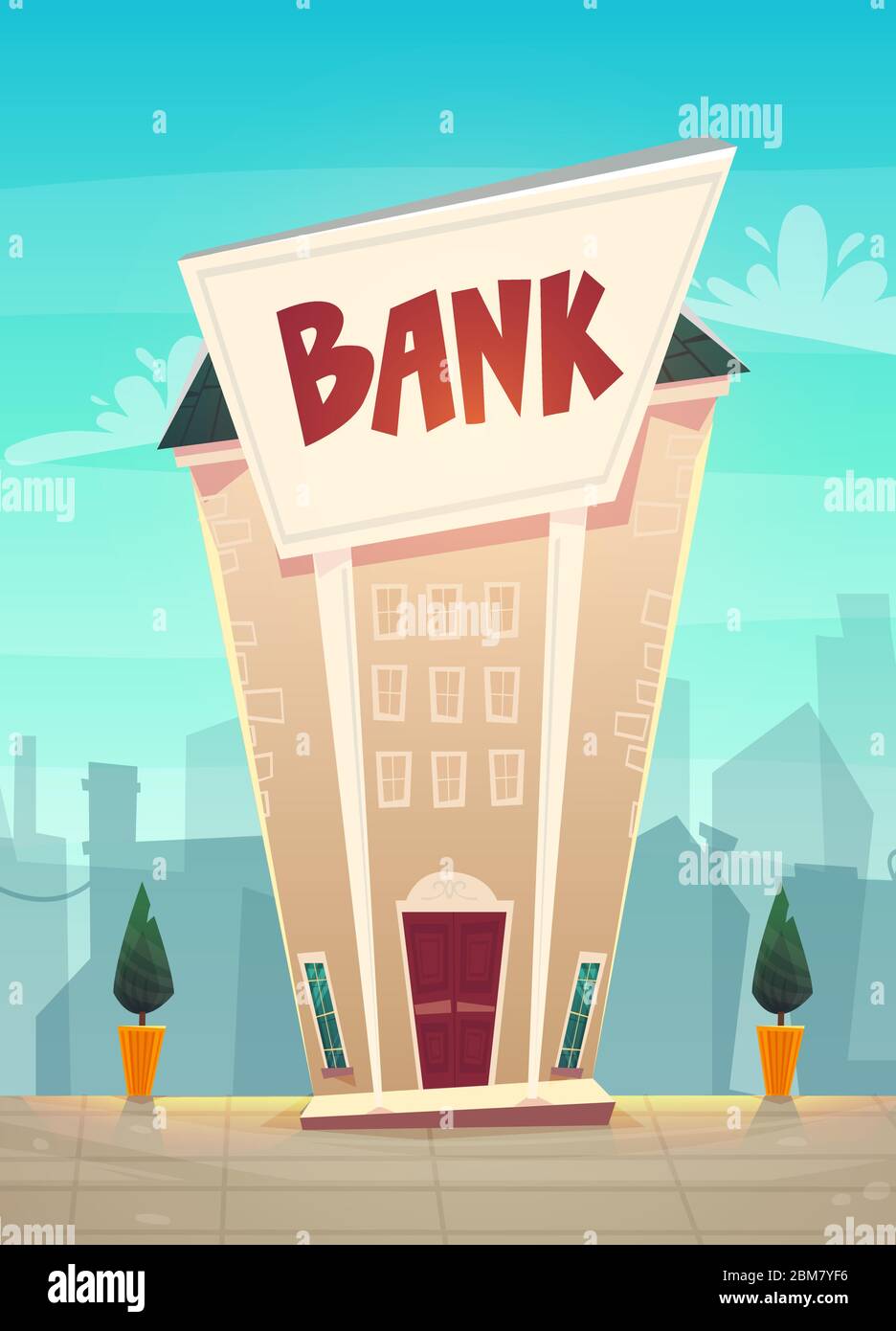 cartoon bank branch at city street illustration . happy financial ...