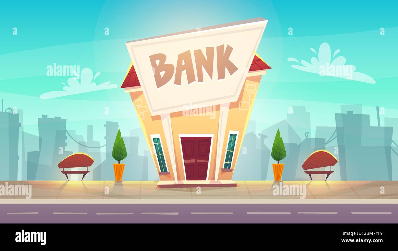 cartoon bank branch at city street illustration . happy financial ...