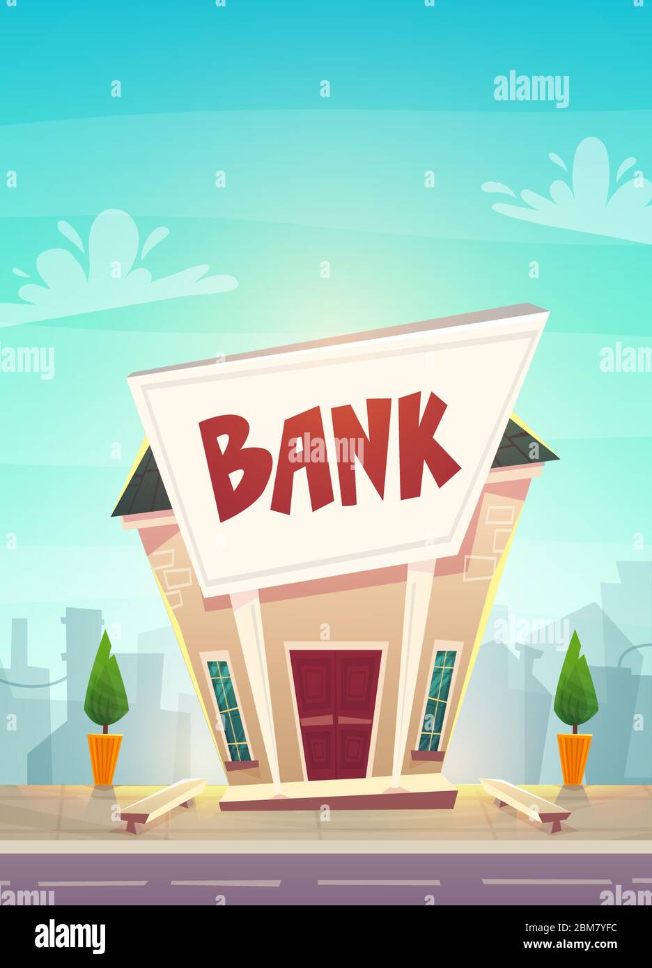 cartoon bank branch at city street illustration . happy financial ...