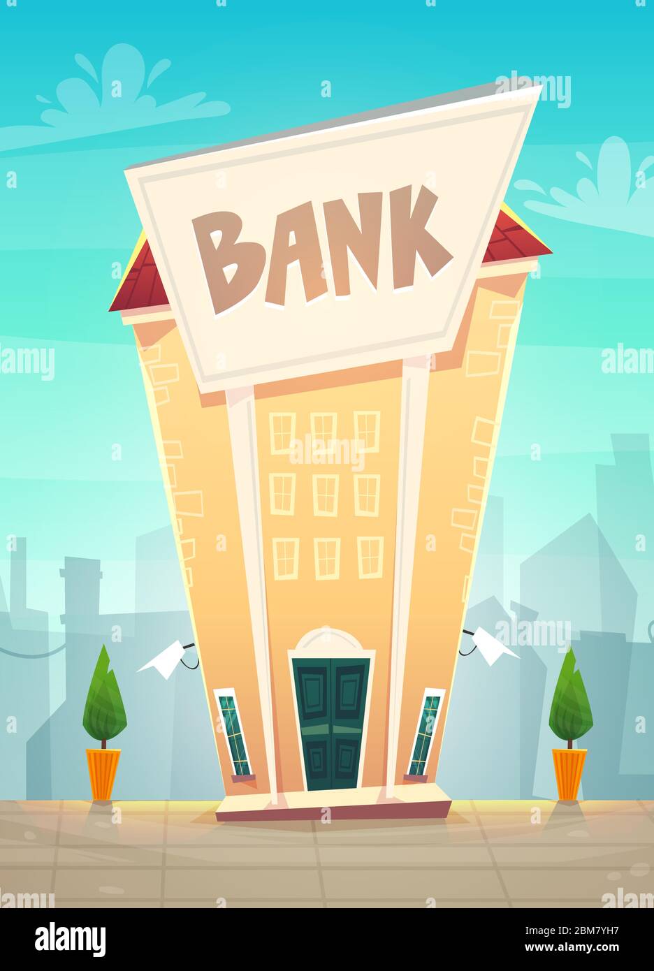 cartoon bank branch at city street illustration . happy financial ...
