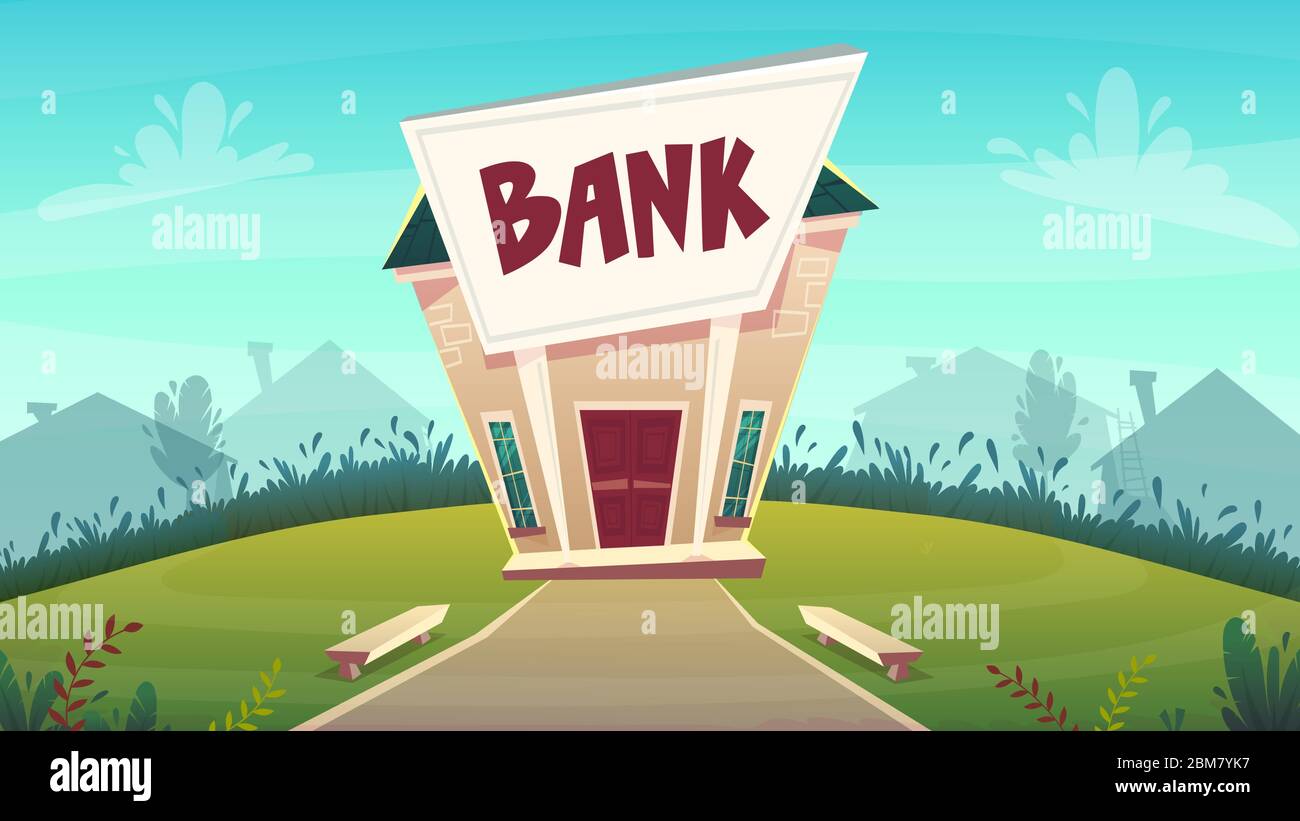 cartoon bank branch at city street illustration . happy financial ...